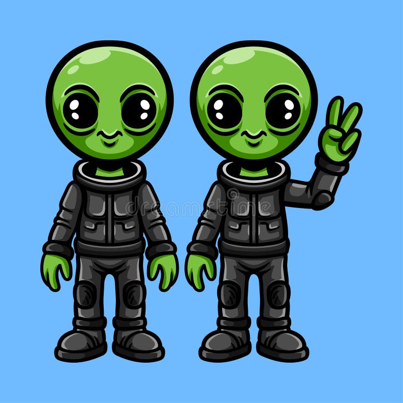 Fun Twin Alien in Suit with Peace Hand Colored Cartoon Isolated Drawing ...