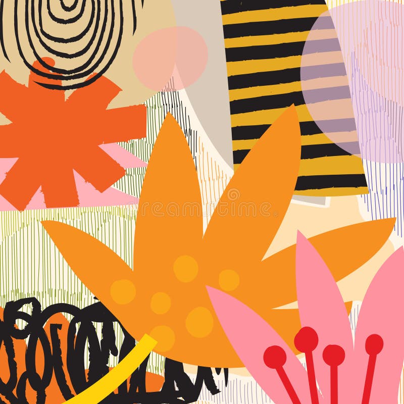 Abstract Textured Collage Flowers Plants Rough Hand Drawing Line Art ...