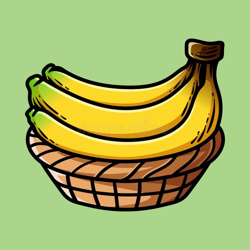 Three Bananas on Wood Bucket Cartoon Colored Isolated Drawing Line ...