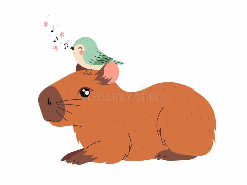 Cute Capybara with a Small Bird on His Head. Singing Spring Bird Stock ...