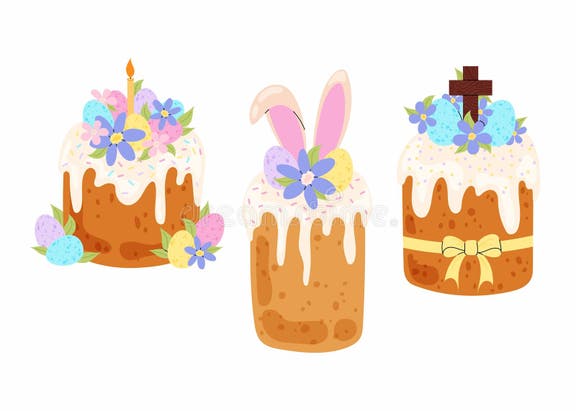 Set Easter Cake. Holiday Pastry Decorated Bow, Bunny Ears, with Eggs ...