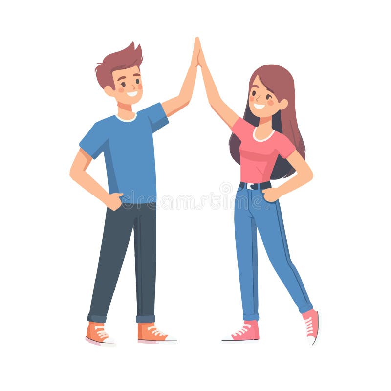 Young Man and Woman Giving High Five. Vector Illustration in Cartoon ...