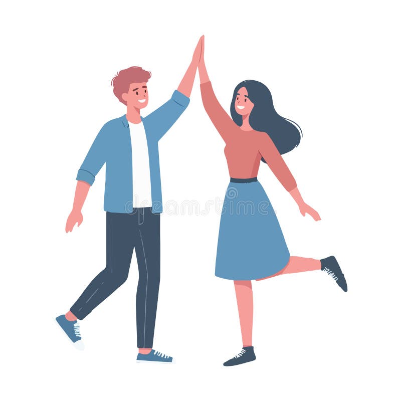 Young Man and Woman Giving High Five. Vector Illustration in Cartoon ...
