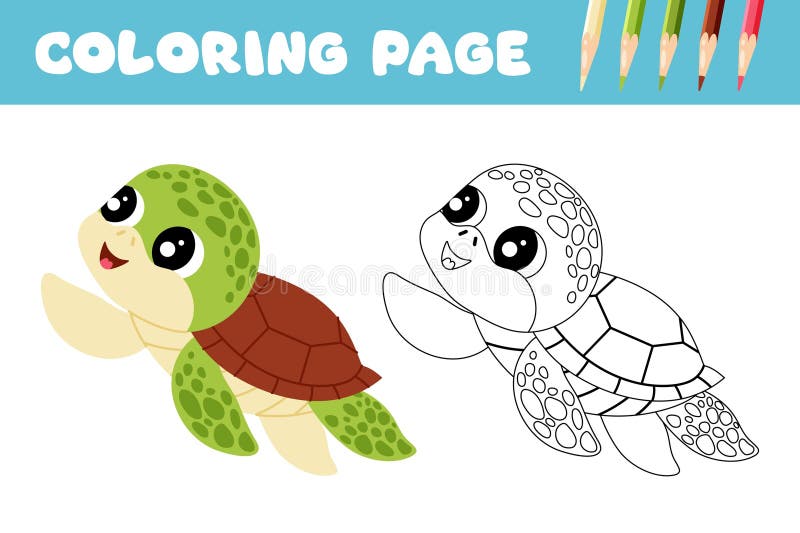 Funny Turtle Drawn Contour Lines. Kids Colouring Page of Cute Sea ...