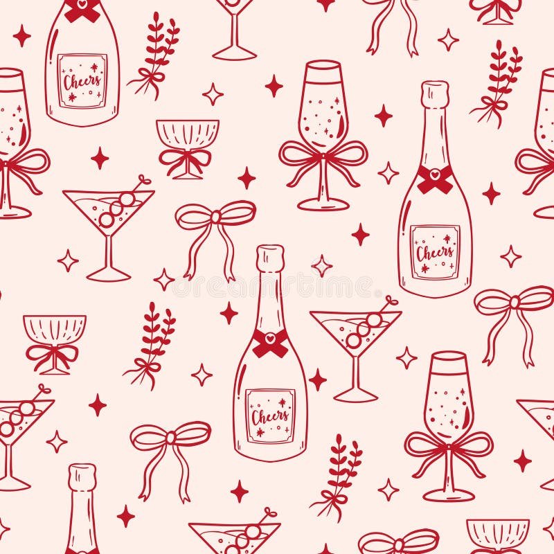 Cute Champagne Bottle and Glass Coquette Ribbon Background Stock Vector ...