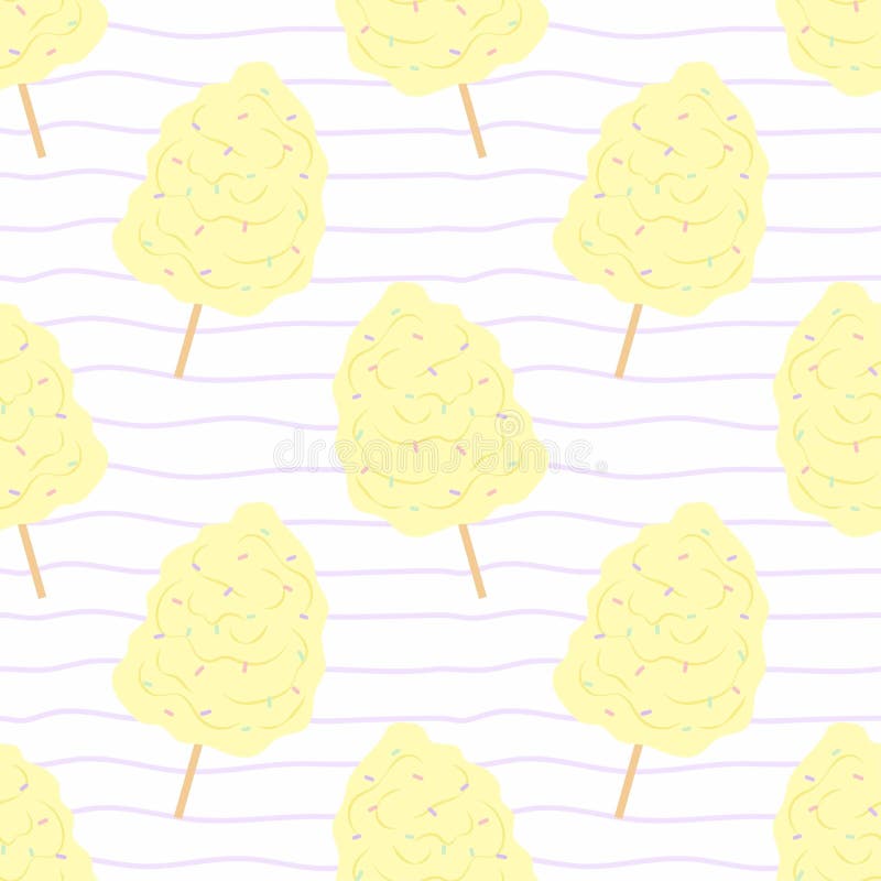 Seamless Pattern with Yellow Cotton Candy on White Striped Background ...