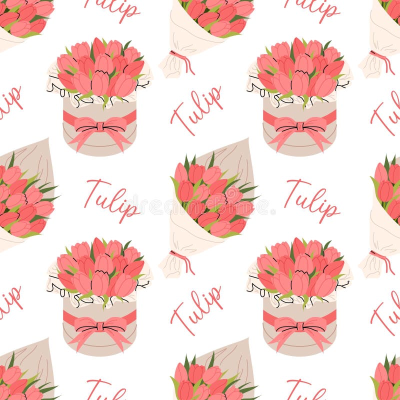 Pattern with Tulip Bouquets Wrapped in Craft Paper and Elegant Gift Box ...