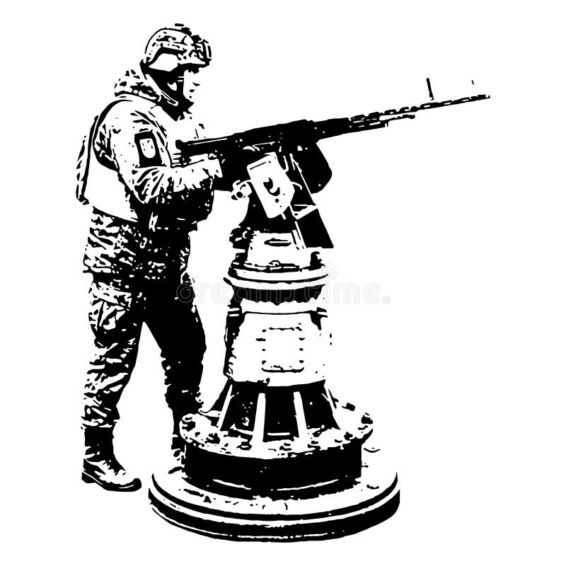 Black and White Army Art Ilustration, he is Focusing Intently while ...