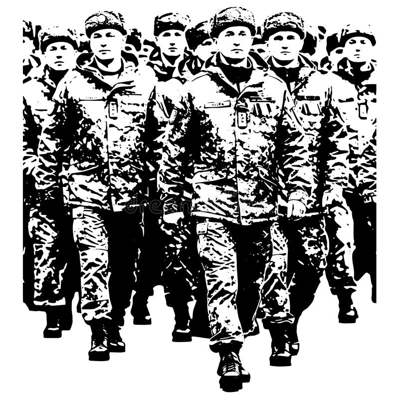 Black and White Army Art Ilustration, they Stride Confidently with a ...