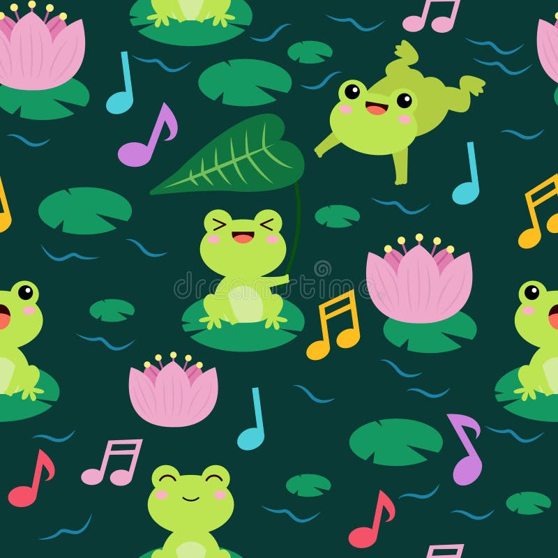 Cute Frogs Singing in Lake with Lotus Flower Seamless Pattern Stock ...