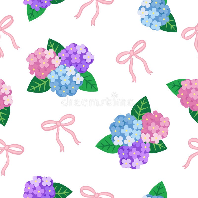Pastel Hydrangeas Flower and Ribbon Seamless Pattern Stock Illustration ...