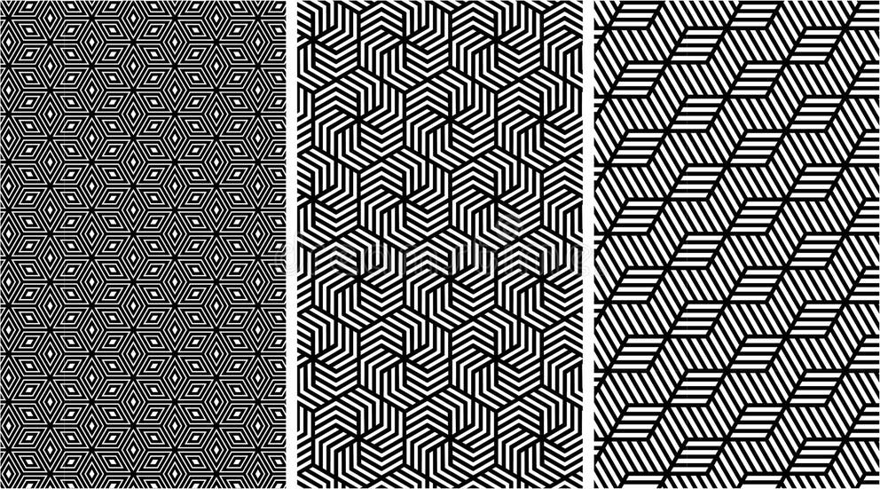 3 Hexagonal Patterns. Art Deco Style Seamless Repeat Pattern, Black and ...