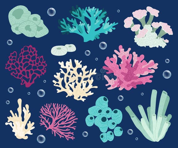 Set Sea Corals. Tropical Underwater Flora. Colorful Coral Reef. Flat ...