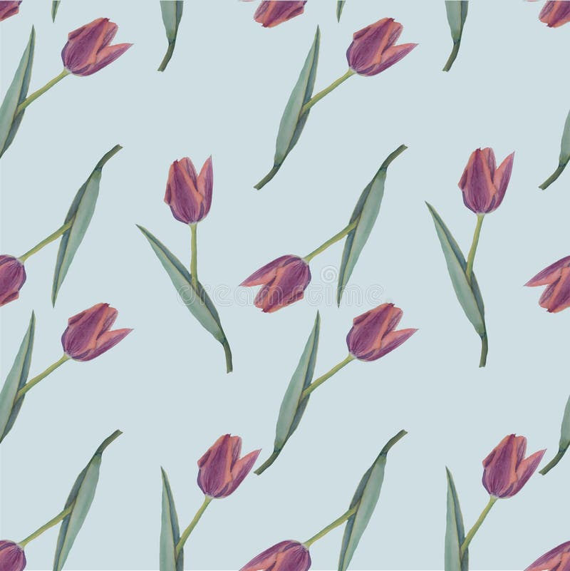 Tulips on Blue Seamless Pattern Purple Watercolor Stock Vector ...