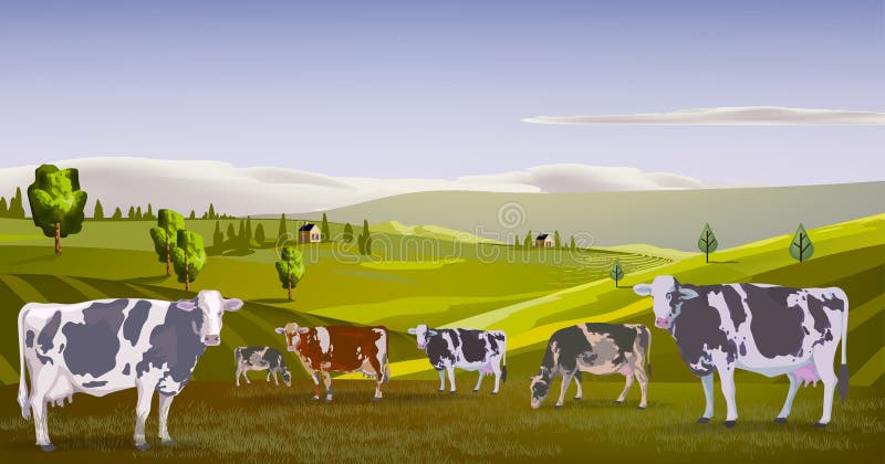 Livestock Farm with Cow, Cattle on Farming Land View Background. Stock ...