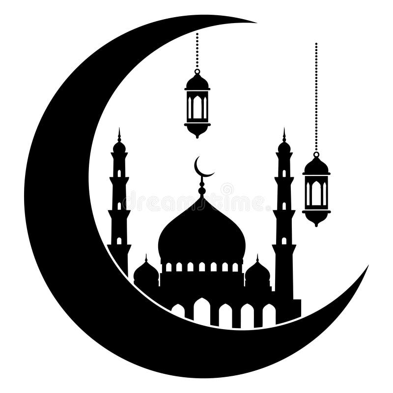 Elegant Islamic Crescent Moon with Lanterns and Mosque Silhouette Art ...