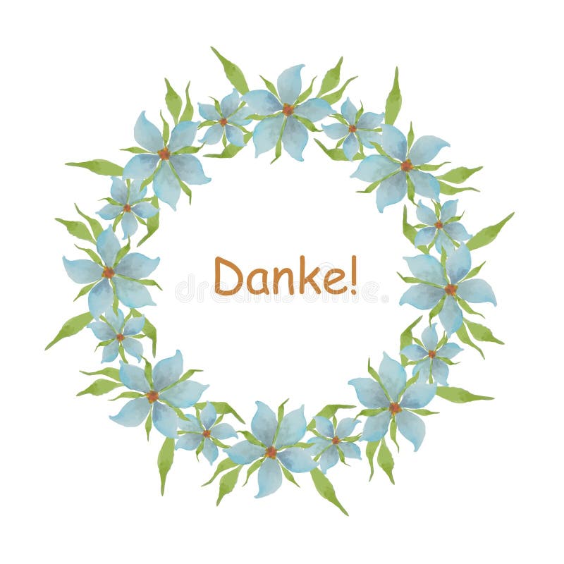 Danke Banner. Blue Flowers Watercolor Wreath Green Leaves Pattern on ...