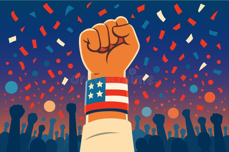 A Raised Fist Against the Background of the Crowd and Confetti in ...
