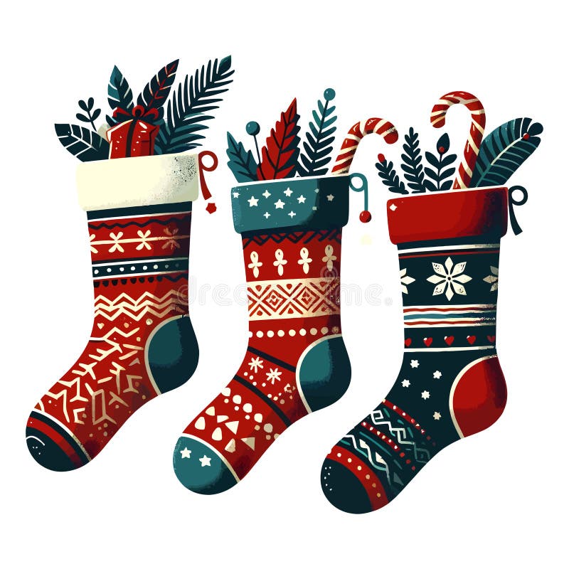 Three Festive Christmas Stockings Filled with Gifts Decorations and ...