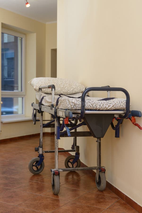 Mobile and Adjustable Old Hospital Bed. Corridor in the Clinic Stock ...