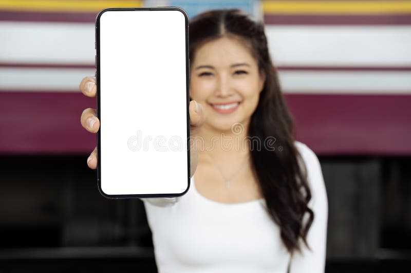 Mobile Advertisement. Woman Showing Big Blank Screen Smartphone at ...