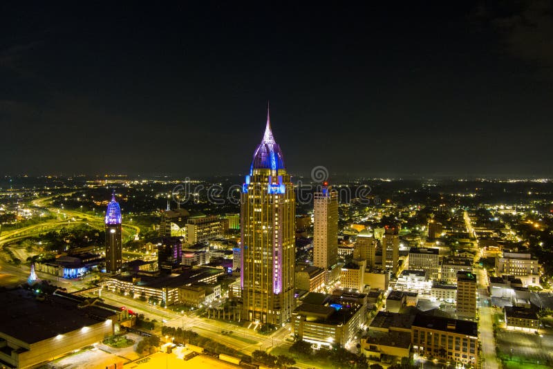 Mobile, Alabama Waterfront at Night Stock Image - Image of aerial, port ...