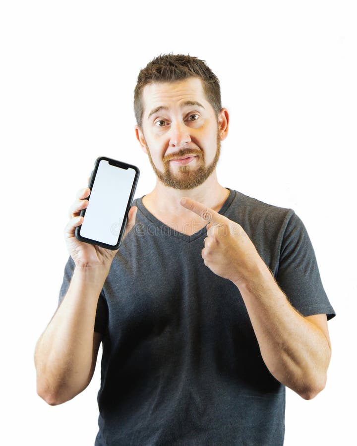 Mobile App Advertisement, Handsome Man Showing Pointing at White Empty ...