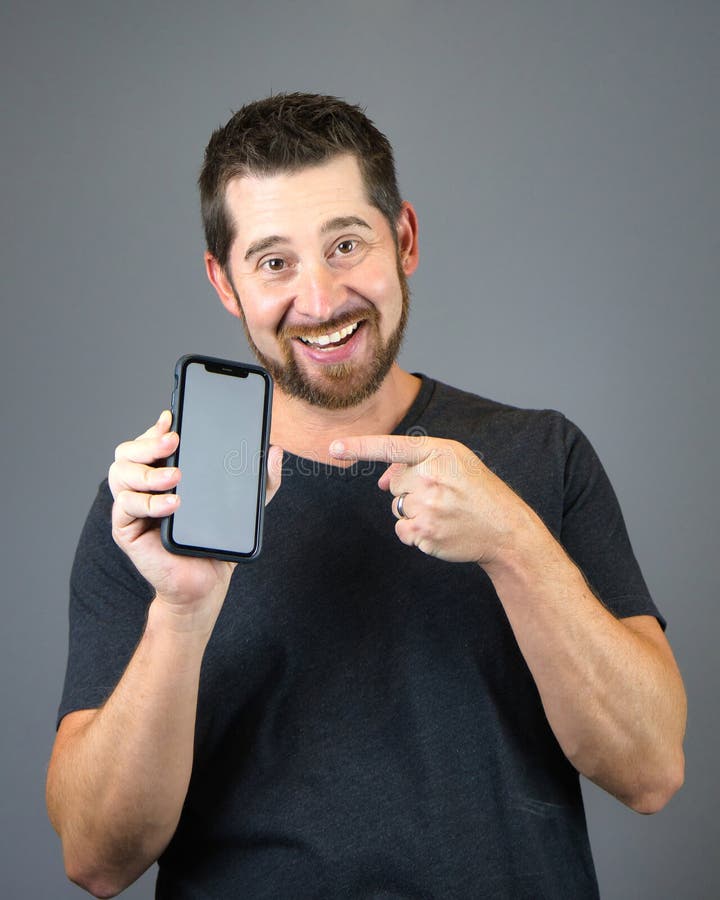 Mobile App Advertisement, Handsome Excited Man Showing Pointing at ...
