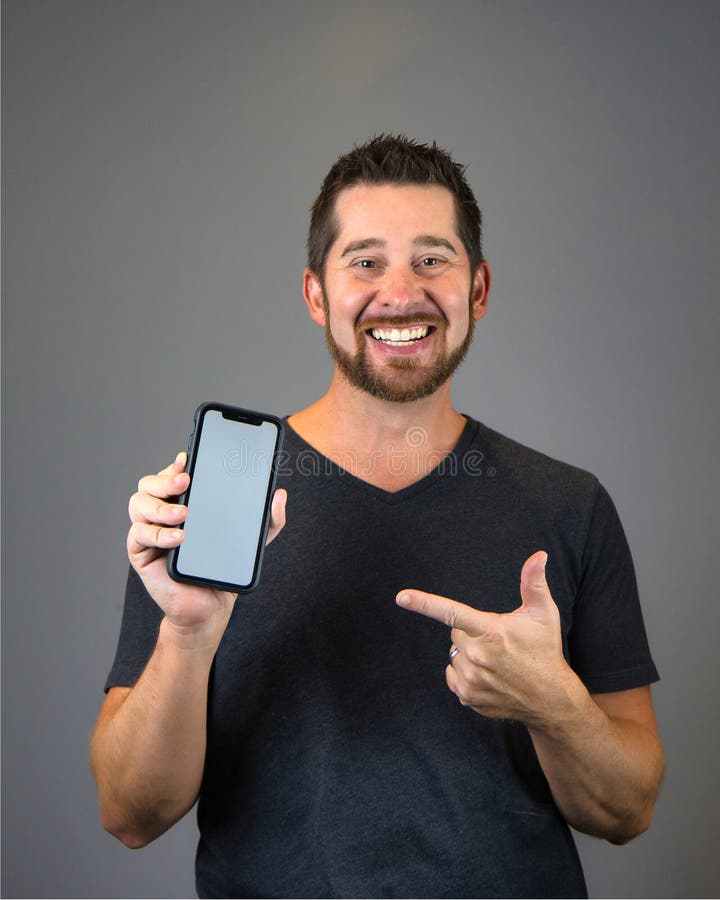 Mobile App Advertisement, Handsome Man Showing Pointing at White Empty ...