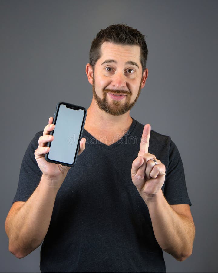 Mobile App Advertisement, Handsome Man Showing Pointing at White Empty ...