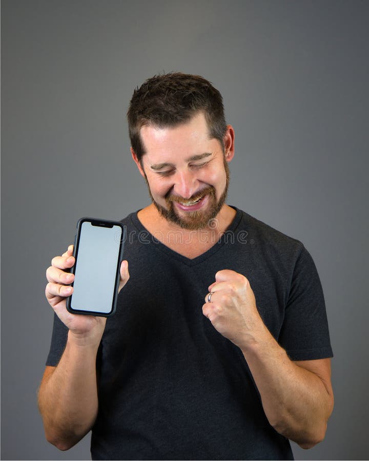 Mobile App Advertisement, Handsome Man Showing Pointing at White Empty ...