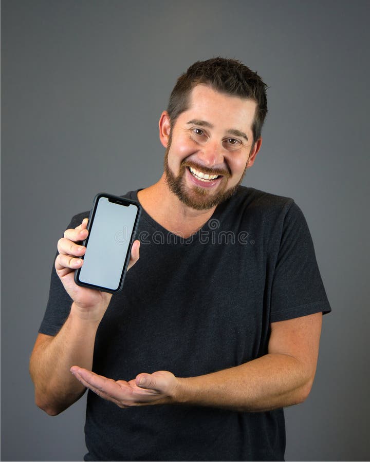 Mobile App Advertisement, Handsome Man Showing Pointing at White Empty ...