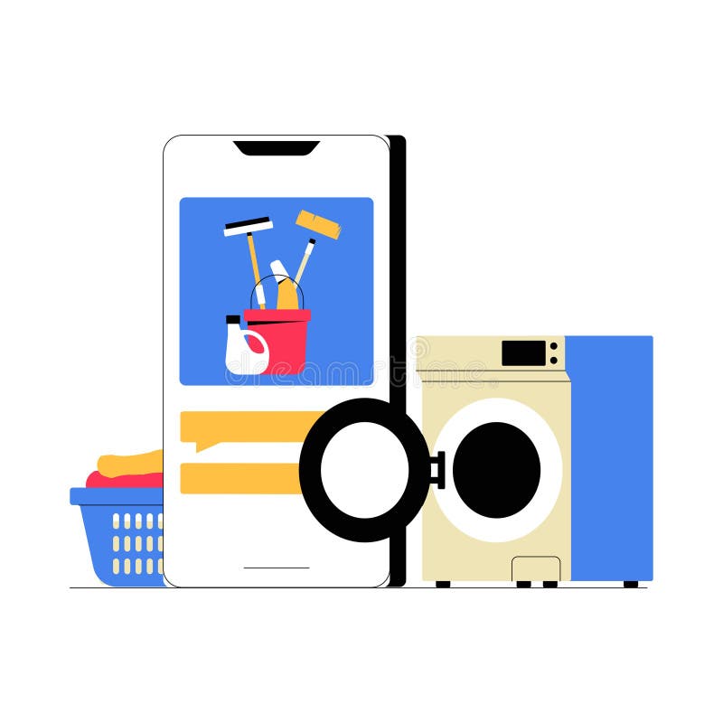 Mobile App with Cleaning Tools and Washing Machine in Flat Vector ...