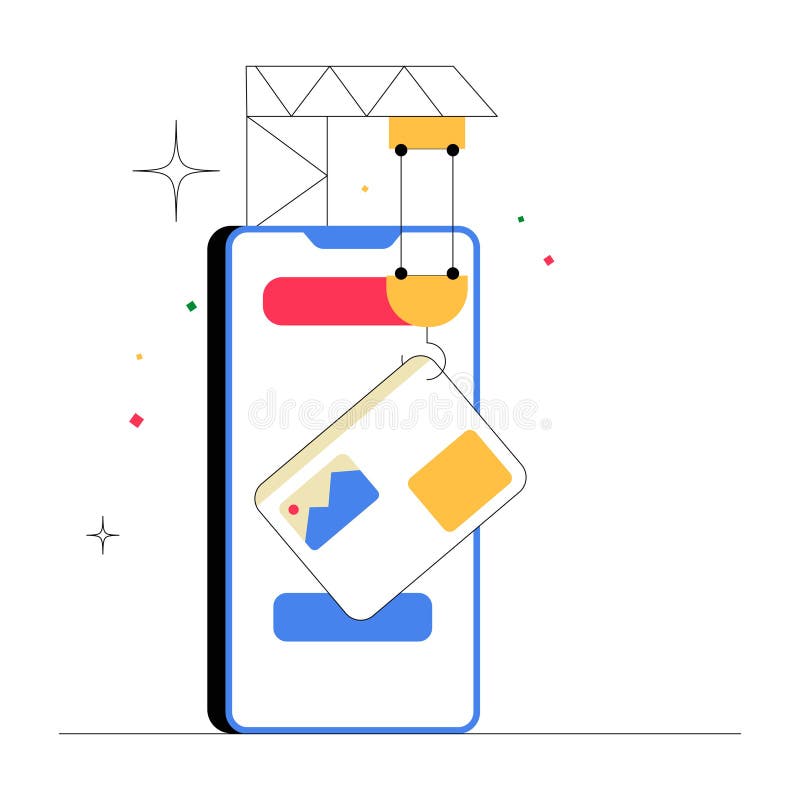 Mobile App with Construction Crane and Design Elements in Flat Vector ...