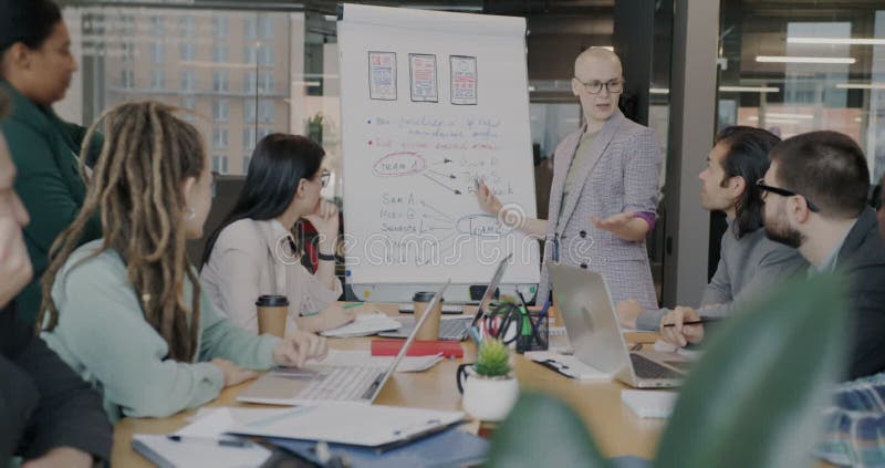 Mobile App Designer Making Presentation To Group of Colleagues Speaking ...