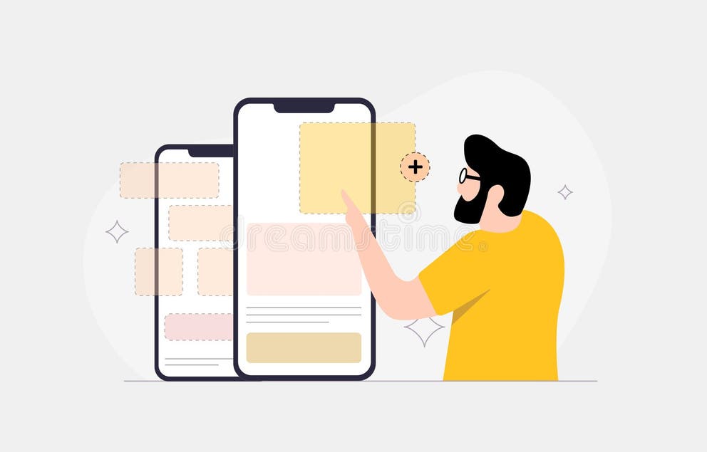 Mobile App Development Concept with Man Customizing Interface Via Drag and Drop Elements. Ux ...