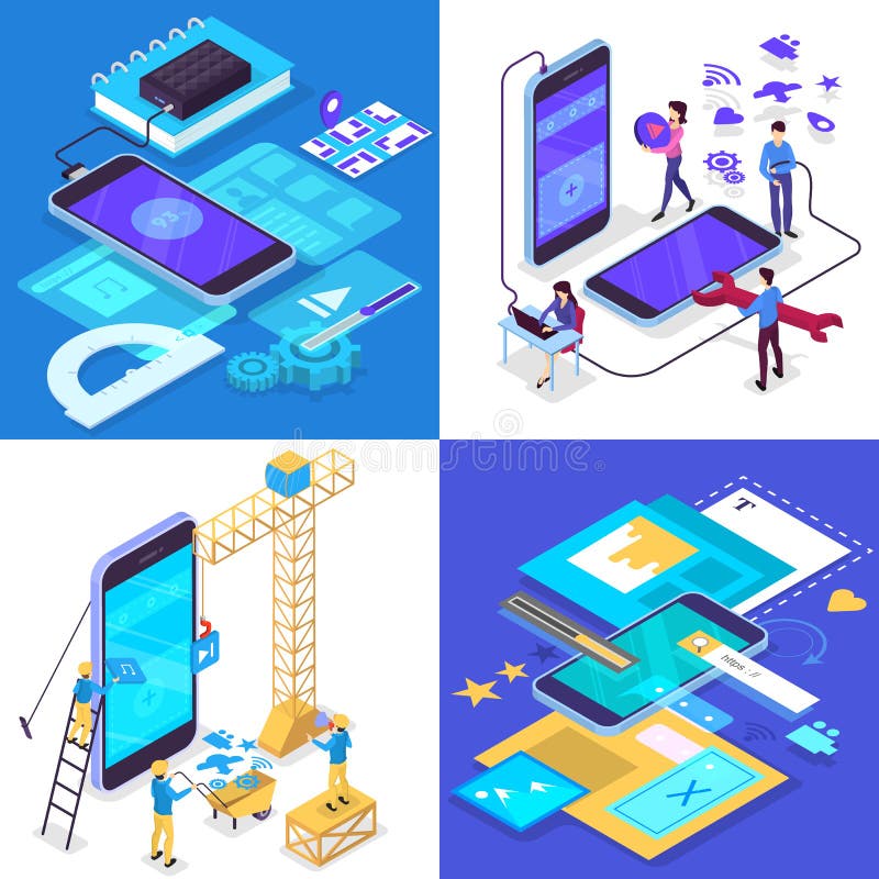 Mobile App Development Concept Set. Modern Technology and Smartphone ...