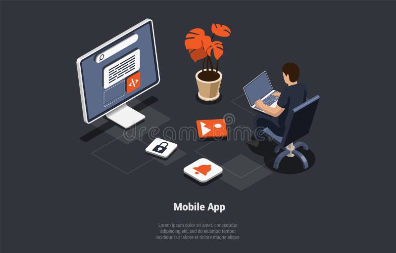 Mobile App Development and Design. Male Character Developer is Testing ...