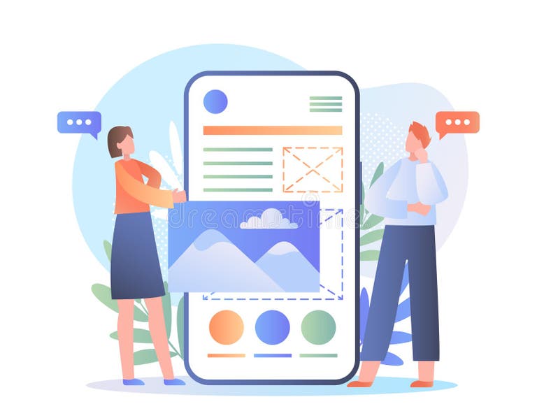 Mobile App Development. Man and Woman Develop Mobile Application for Smartphone Stock Vector ...