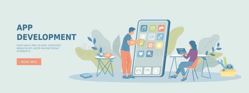 Mobile App Development. Phone Software Creating. Man and Woman Working ...