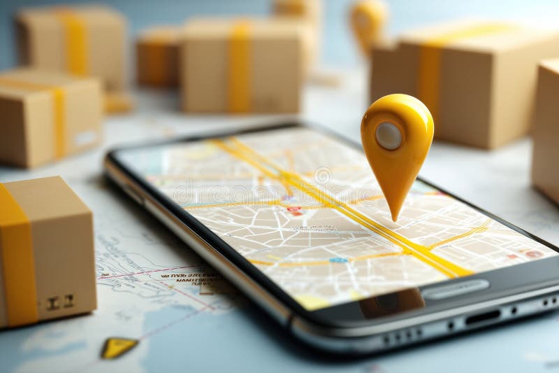 Tracking Parcel Delivery on a Map Using a Mobile App Interface with Yellow Location Pin ...