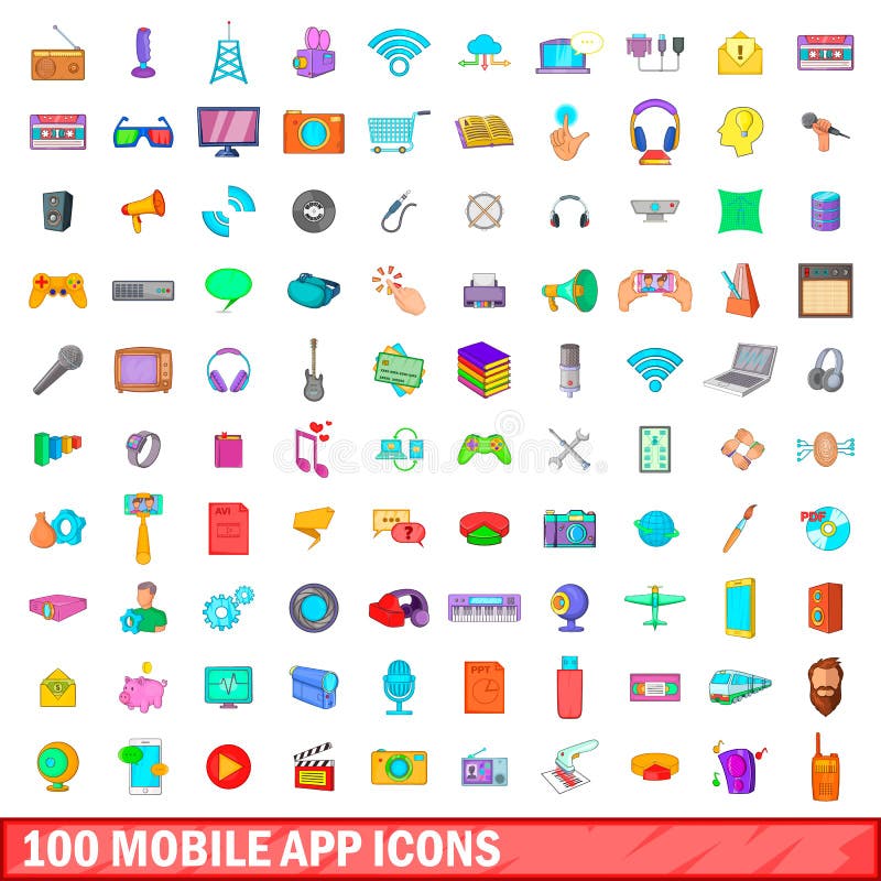 100 Mobile App Icons Set, Cartoon Style Stock Vector - Illustration of ...