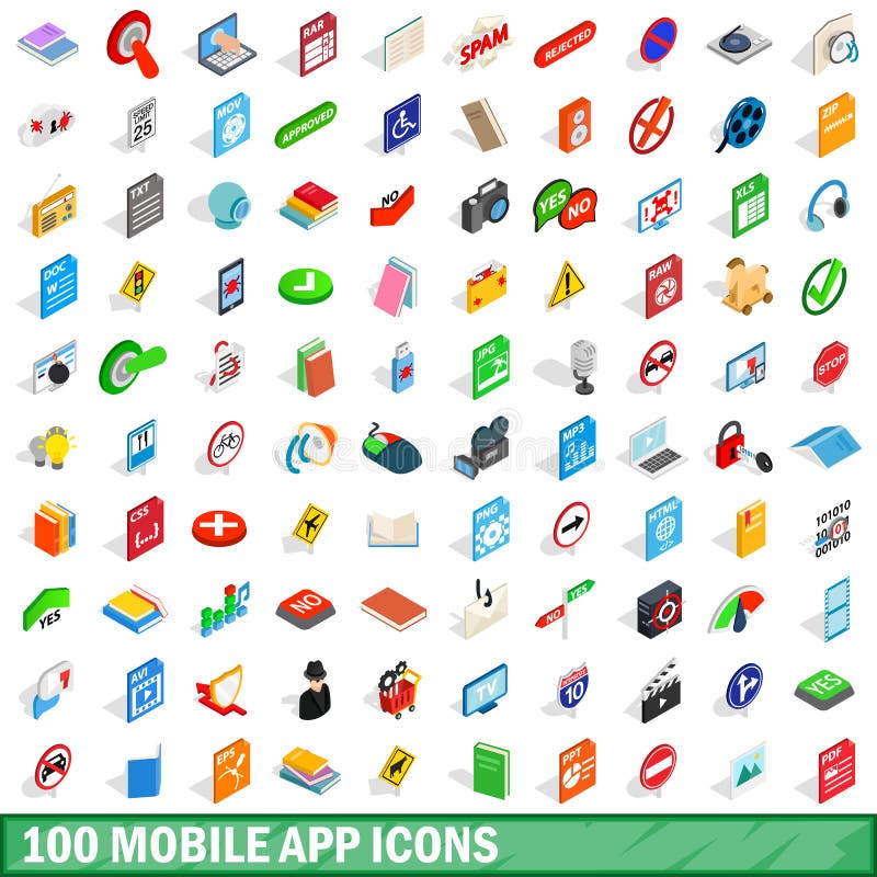 100 Mobile App Icons Set, Isometric 3d Style Stock Vector ...
