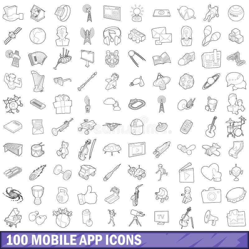 100 Mobile App Icons Set, Outline Style Stock Vector - Illustration of ...