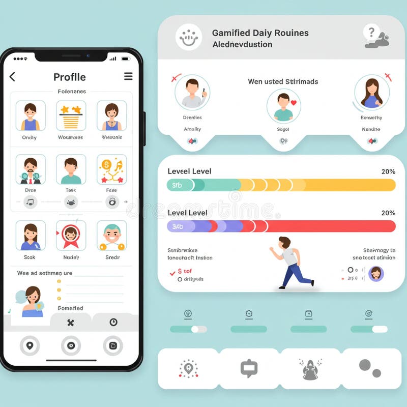 Mobile App Interface Displaying Gamified daily Routines. Features ...