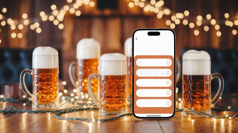 Mobile App Interface with Glowing Fairylights and Beer Mugs in a Cozy ...