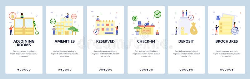 Mobile App Onboarding Screens. Hotel Building, Booking Room, Check-in ...