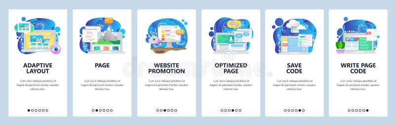 Mobile App Onboarding Screens. Web Software Development, Adaptive Coding, Optimization Stock ...