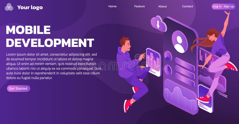 Mobile App Smartphone Software Development Landing Page Isometric Phone Screen People