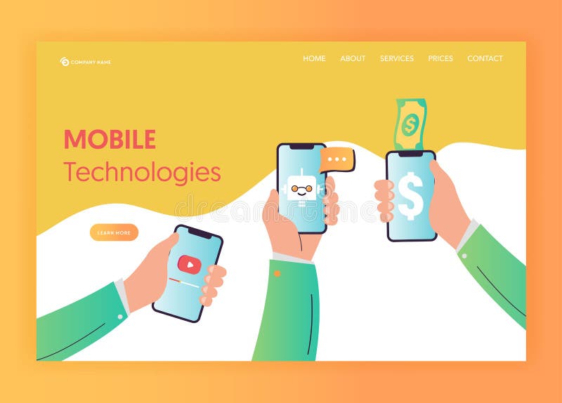 Mobile App Technologies Landing Page Template. Hand with Smartphone ...